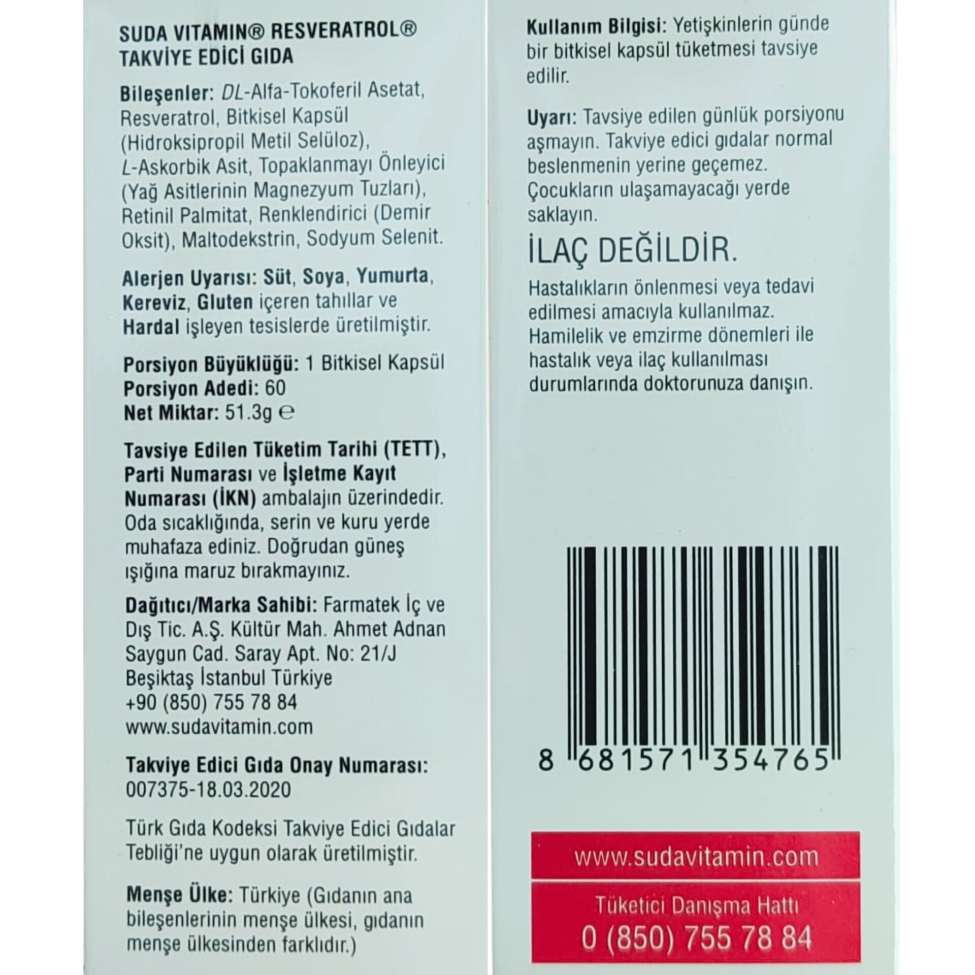 Suda Vitamin Resveratrol 60 Bitkisel Kapsül Fiyatı Kullanımı Yorumları ...