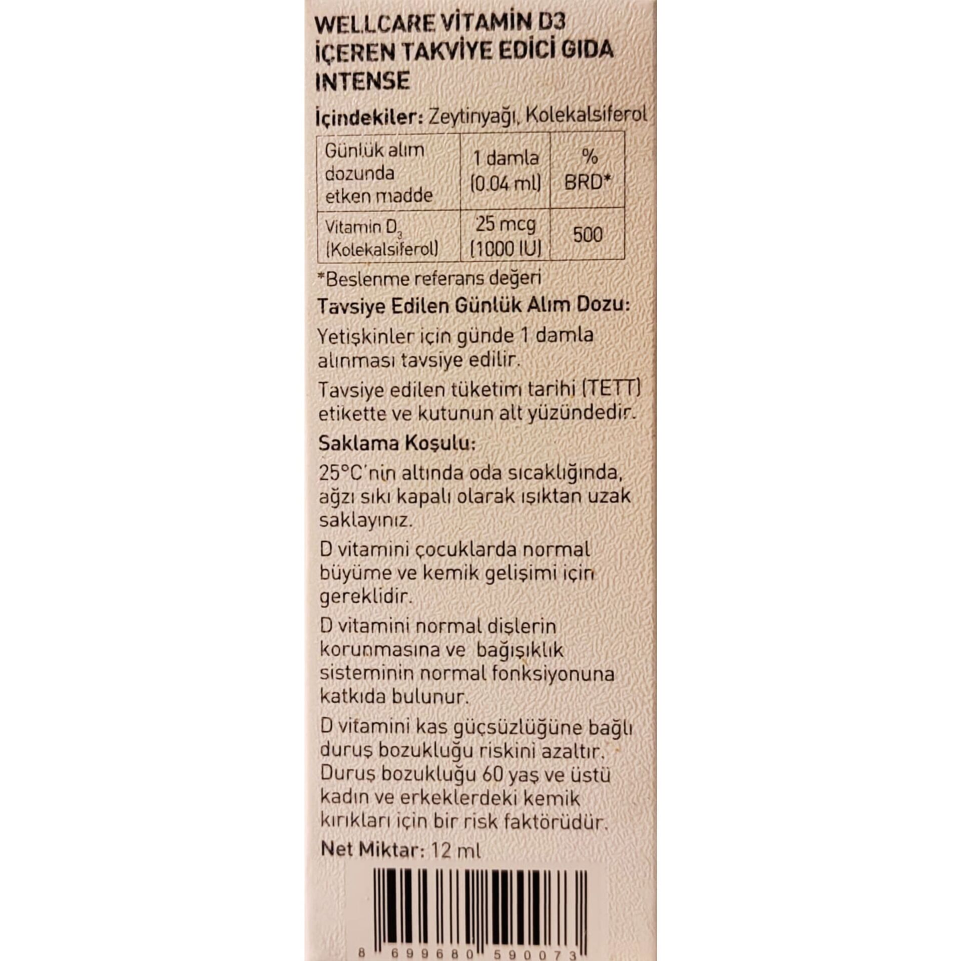 Wellcare Vitamin D3 Intense Takviye Edici Gıda 12 ml Fiyatı Kullanımı ...